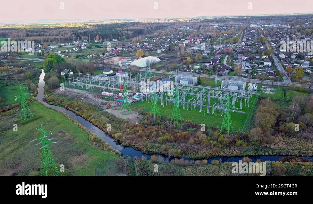 Electrical power substation at a town in Europe feeds into transmission ...