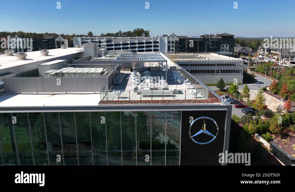 USA corporate headquarters building of Mercedes Benz. Rising aerial of ...