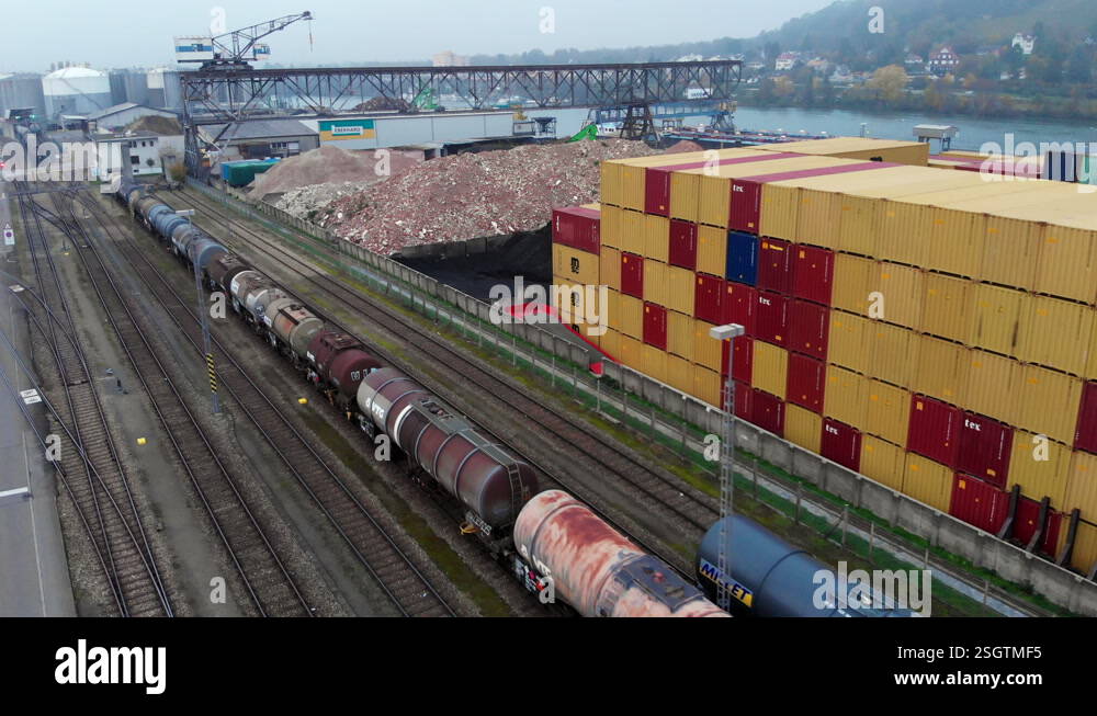 Container harbor dock with train tank wagon ready to be loaded 30fps 4k ...