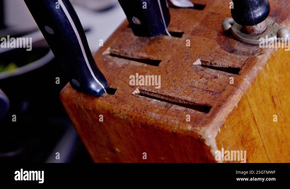 Knife Pulled Out Of The Wood Stand Knife Holder In The Kitchen ...