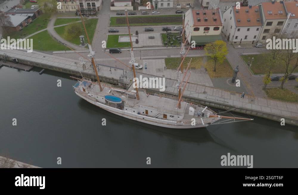 An aerial view The masted sailing ship Meridian, a symbol of Klaipda ...
