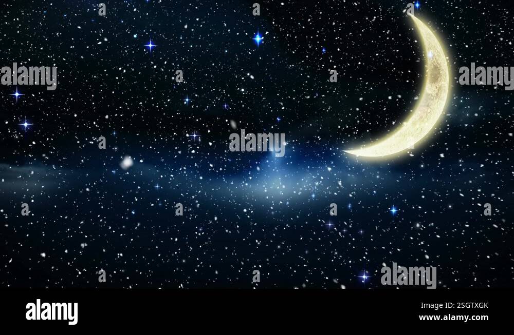 Animation of snowfall and illuminated stars and crescent shape moon in ...