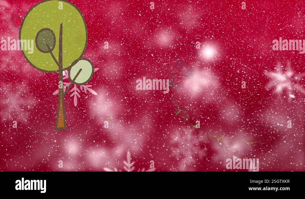 Animation of tree drawing with snowfall and snowflake against red ...