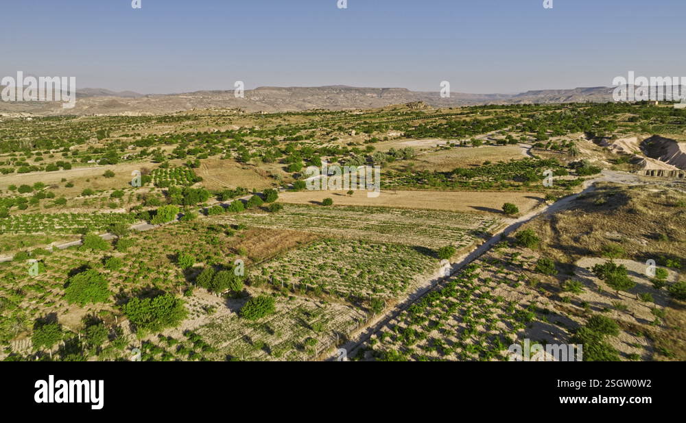 Göreme Turkey Aerial v22 ürgüp rural landscape, drone flyover farmlands ...