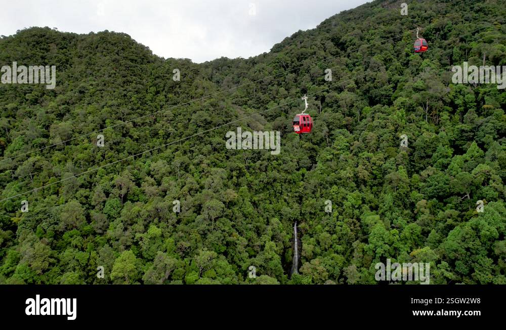 Sky Cab in Langkawi, Malaysia. Drone tracking cable car cabins Stock ...