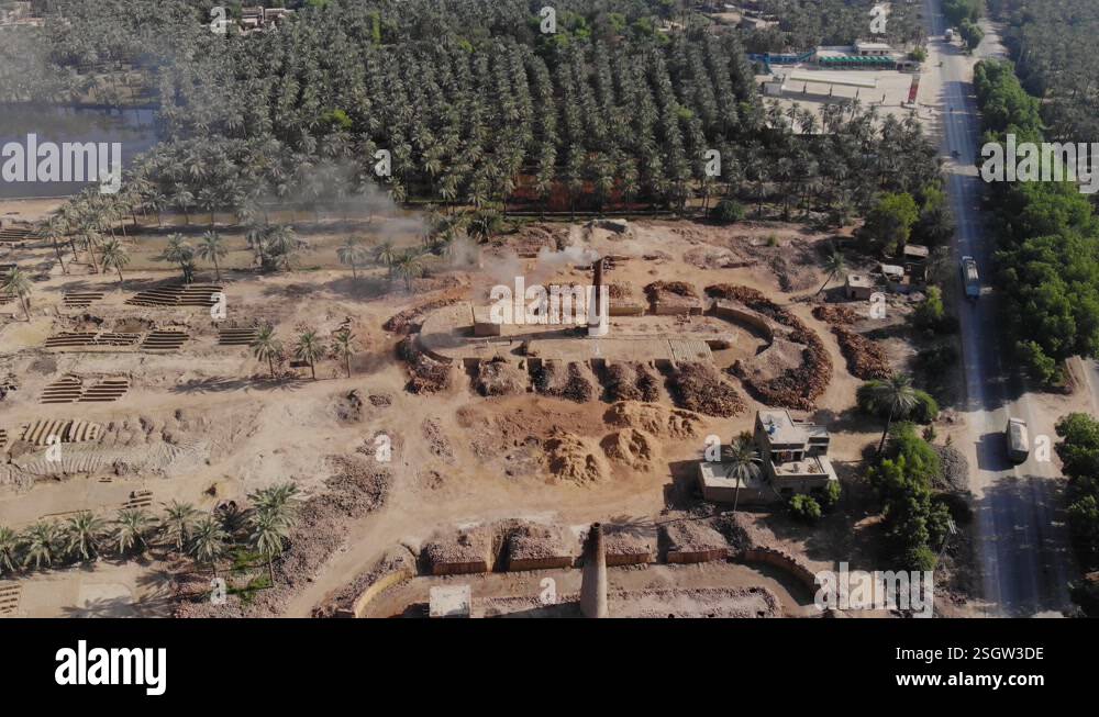 Aerial View Of Brick Making Factory In Khairpur Beside Date Palm Stock ...