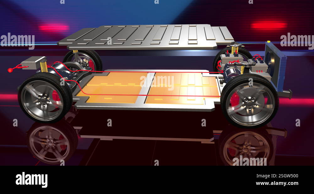 Electric car chassis with internal parts. Lithium battery is visible ...
