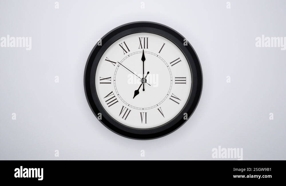 The Time On The Clock Seven. White Wall Clock With Black Rim And Black ...
