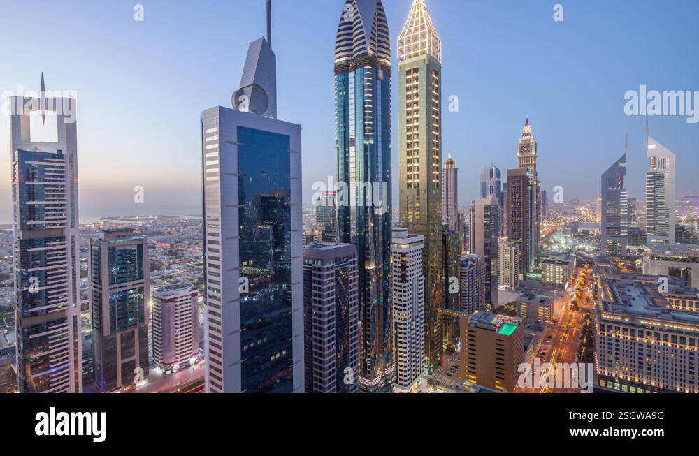 Skyline view of the buildings of Sheikh Zayed Road and DIFC day to ...