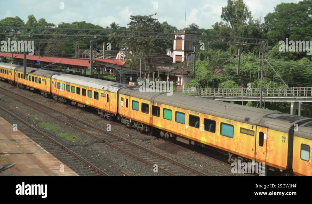 Shot taken from an railway over bridge of a long distance train ...