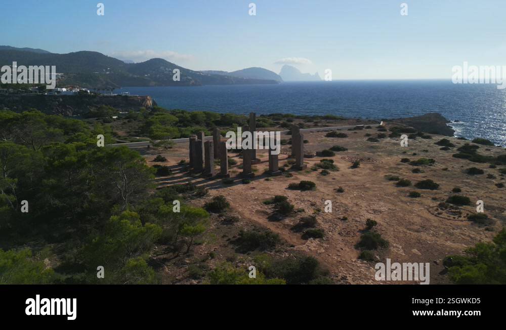 sundial from stone columns. panorama overview drone. Fantastic aerial ...