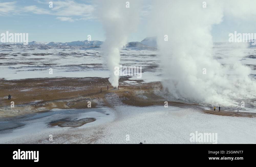 Hverir geothermal park, Iceland - Top-down of sulfur eruption in Stock ...