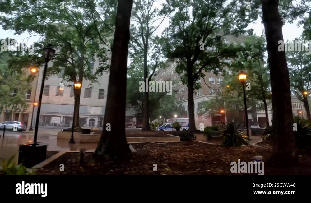 Historic Downtown Augusta Georgia during a storm ambulance with ...
