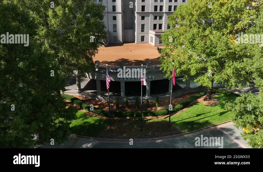 Grand Hyatt sign and flags of USA, State of Georgia. Buckhead Atlanta ...