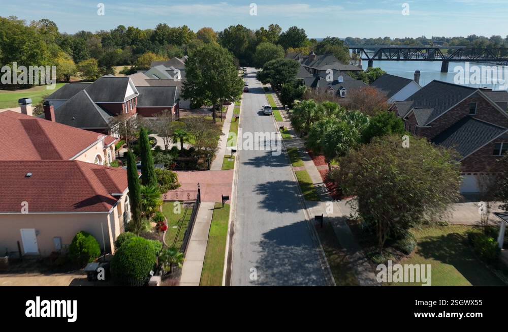 Riverfront mansion in Augusta Georgia USA. Aerial view of wealthy homes ...
