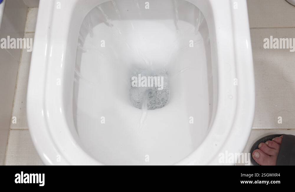 the process of flushing in the toilet bowl and lowering the chair Stock ...