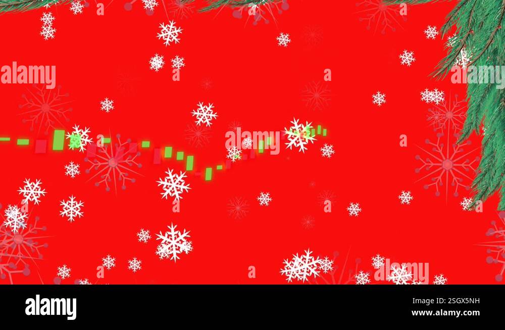 Animation of candlestick chart and snowflakes falling against red ...
