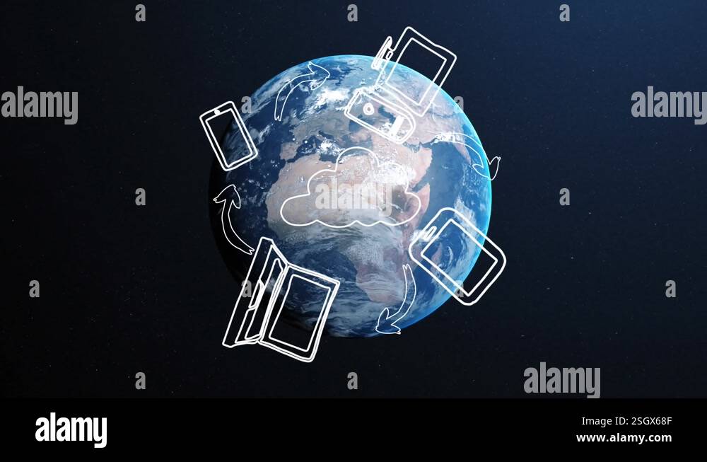 Animation of multiple digital icons spinning over cloud icon against ...