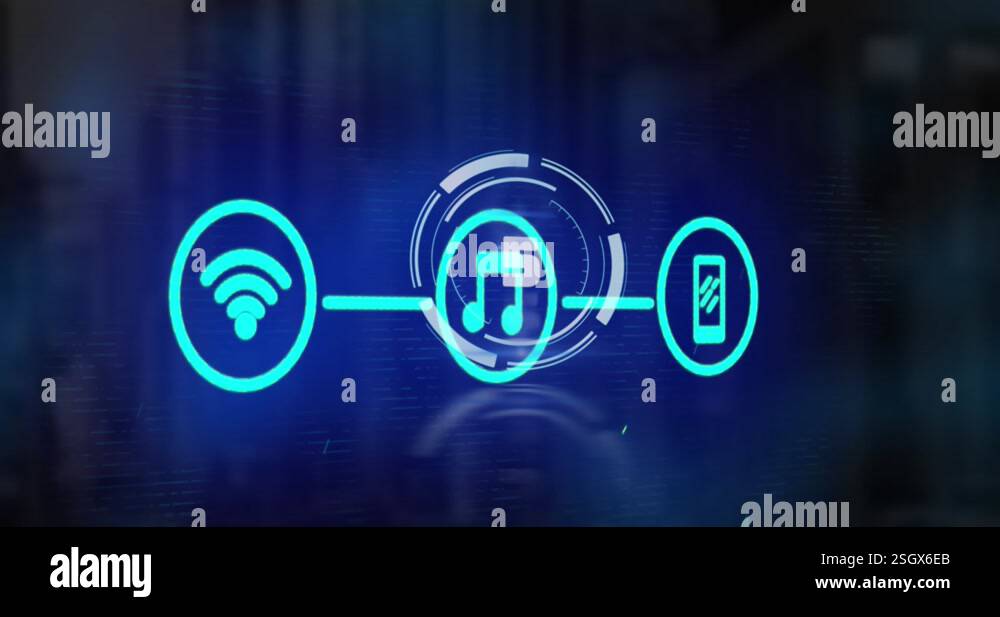 Animation of network of digital icons over round scanner against blue ...
