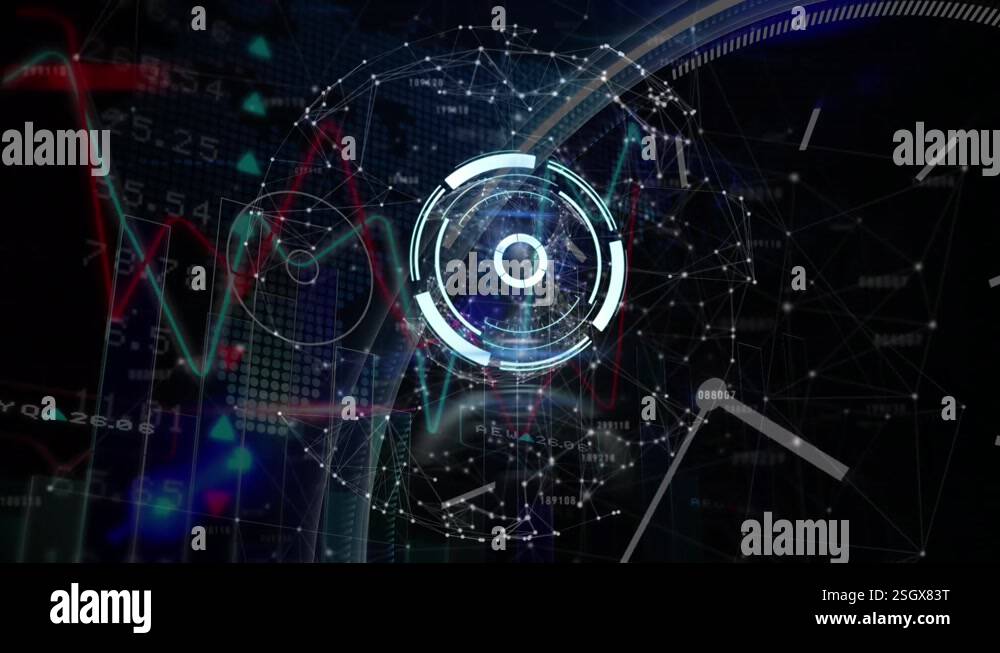 Animation of circle, dots forming globe, graphs with numbers and ...