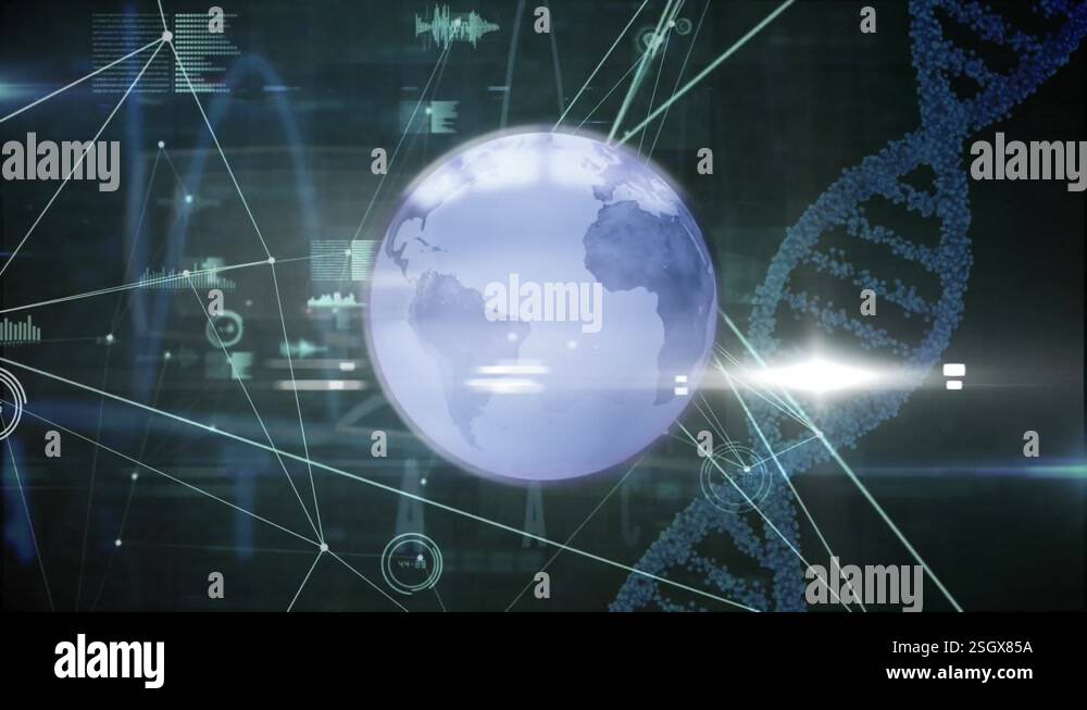 Animation of globe over connected dots and graph icons and lens flares ...