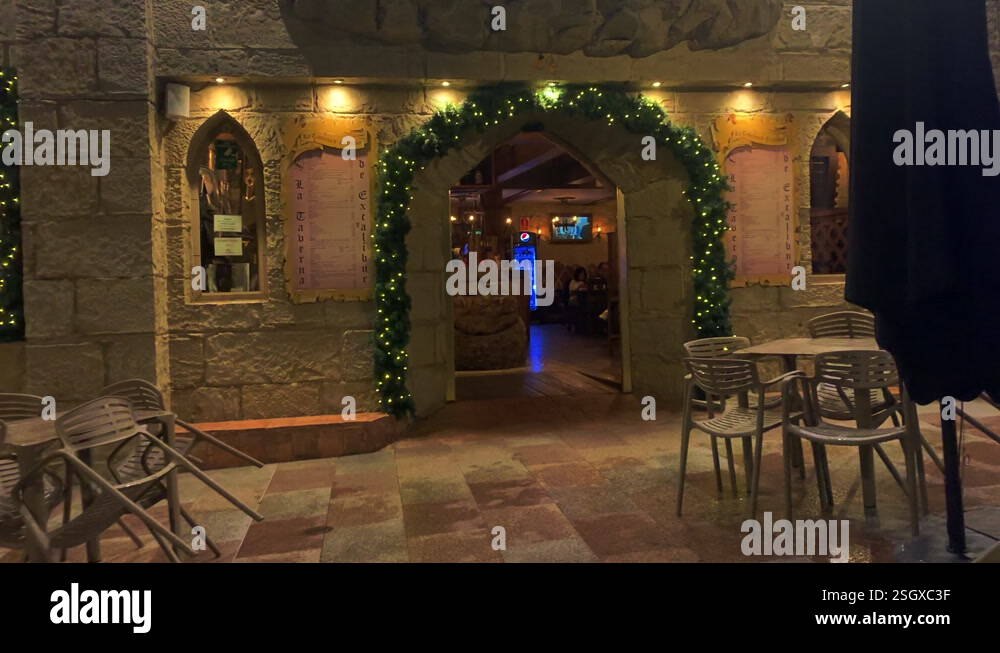 Entrance facade, view of a Famous Excalibur Restaurant in Andorra La ...