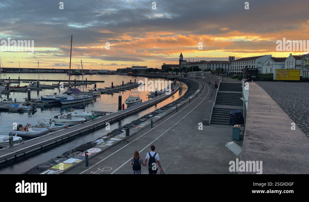 Colorful Orange Sky above City Centre of Ponta Delgada in the Azores ...