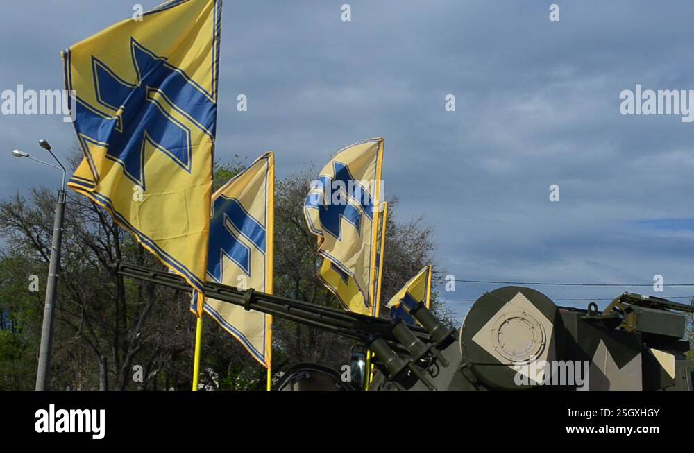 Flags of the regiment Azov by military vehicles. Public Stock Video ...