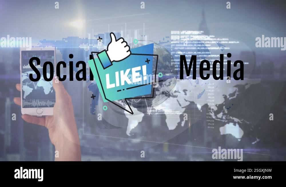 Animation of social media and like over data processing, world map and ...