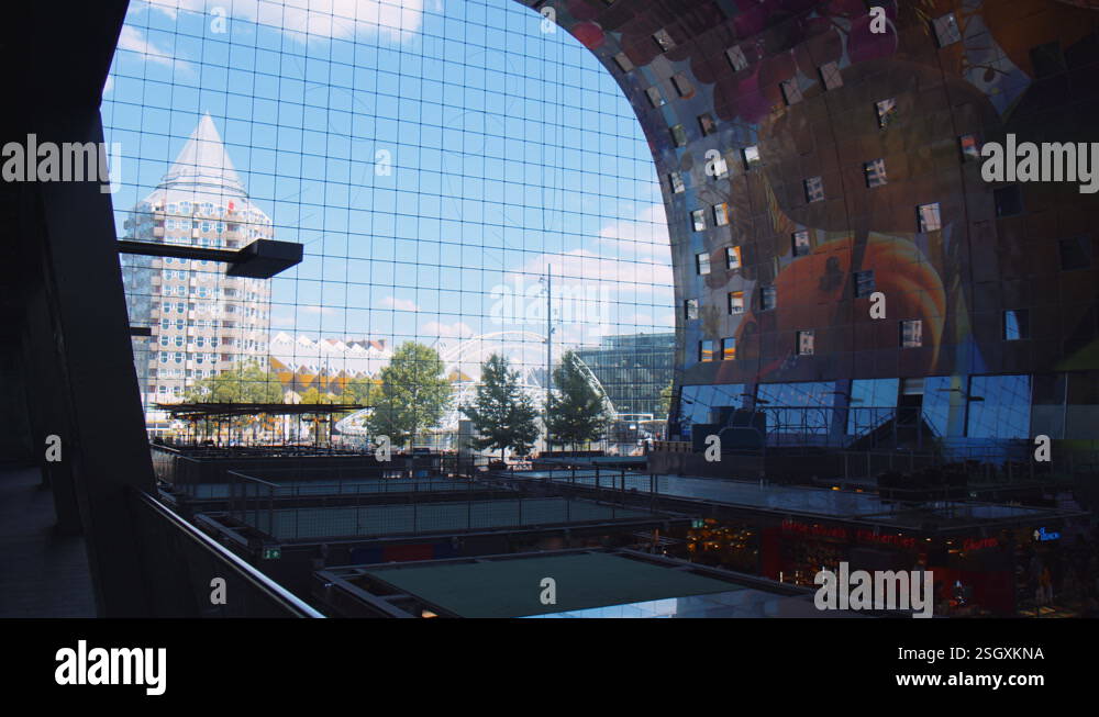 Slow panning shot looking onto the Rotterdam skyline from inside the ...