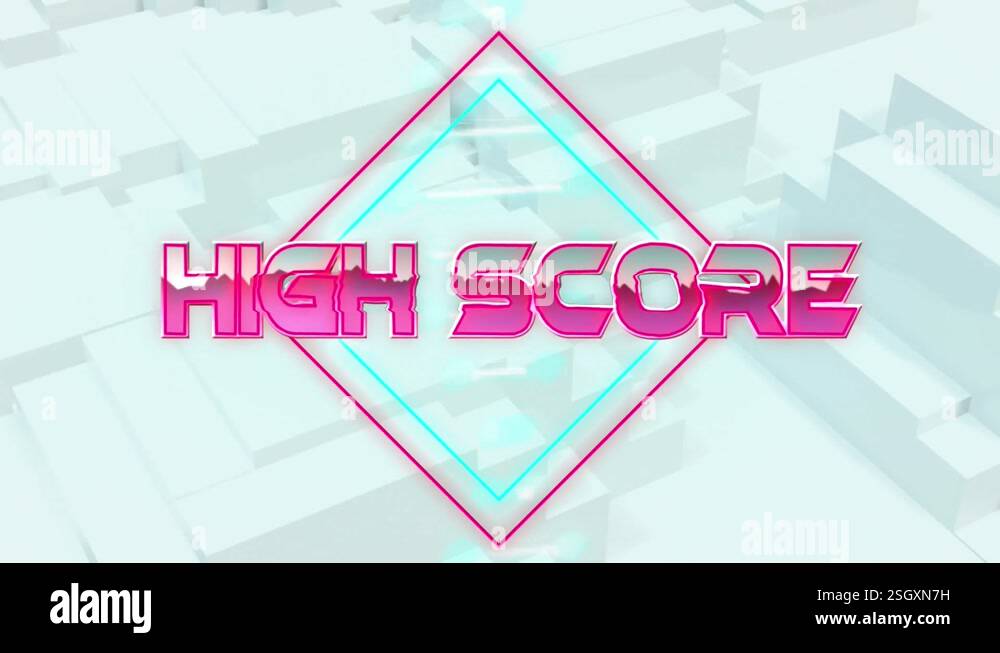Animation of high score text in pink letters over digital interface ...