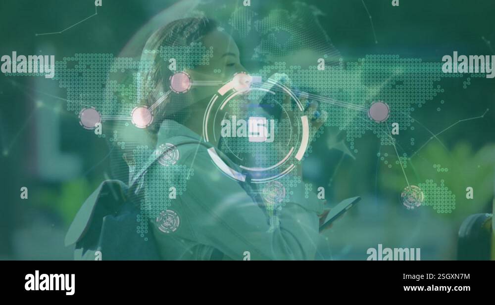 Animation of globe with scope scanning and world map over biracial ...