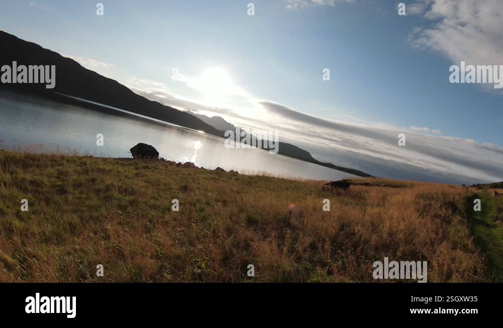 Flying along a small grassy path next to a lake ,turning to fly over ...