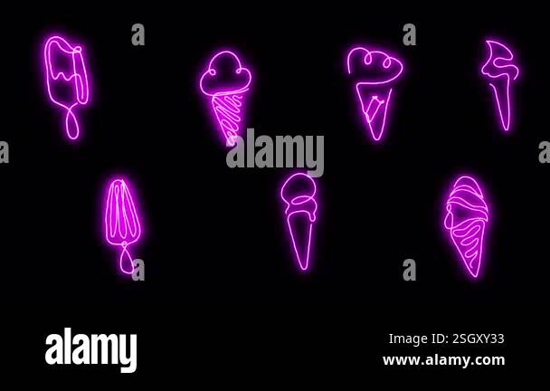 Set of neon pink ice cream stickers with a glowing effect on a ...