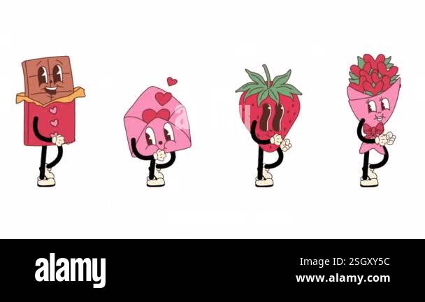 Set of retro cartoon characters designed as Valentine's Day mascots ...