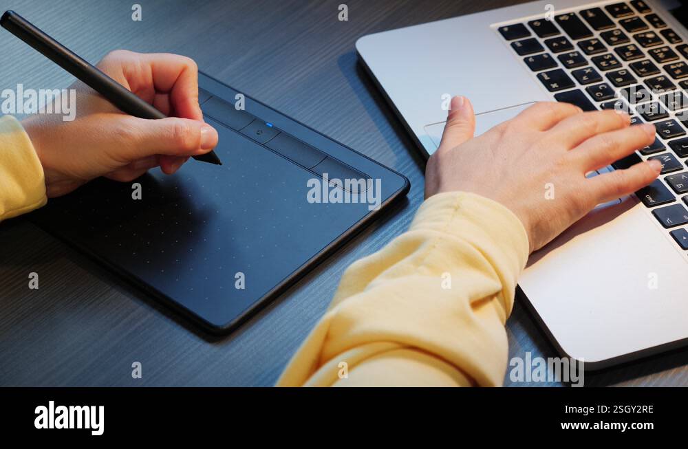 Drawing illustration with interactive pen display, using stylus for ...
