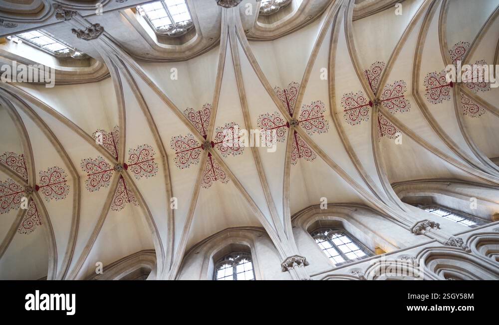 Wells Cathedral ceiling arches, camera rotating ti the right showing ...