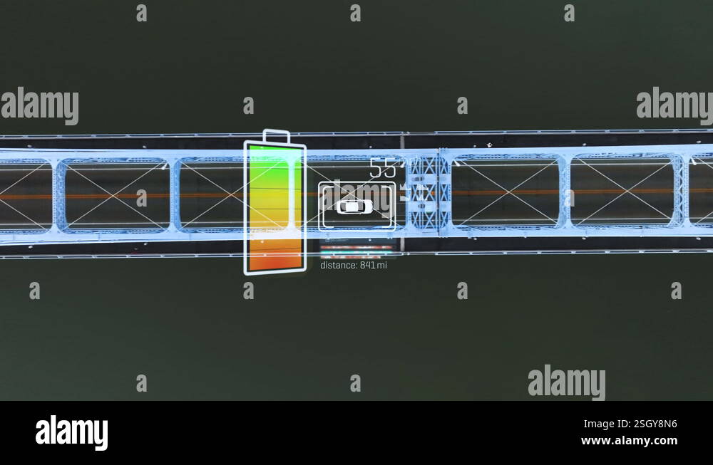 Tracking a electric car battery level and distance on a bridge - Aerial ...