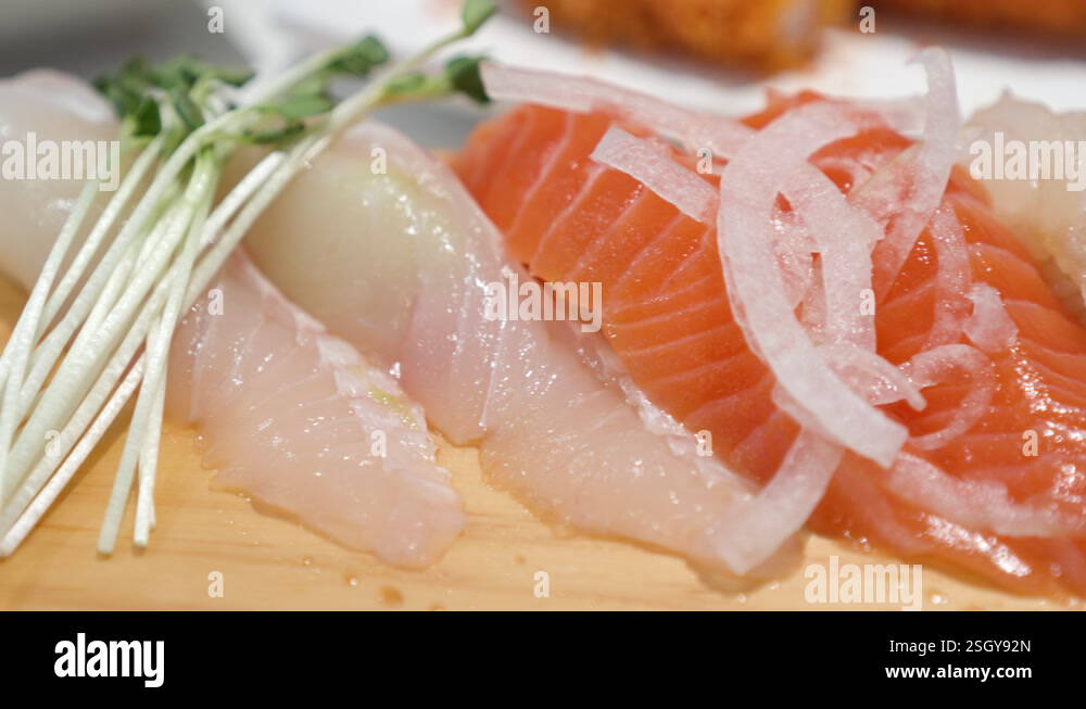 Fresh Sashimi With Daikon Sprouts, Shredded Daikon Radish, And Chopped ...