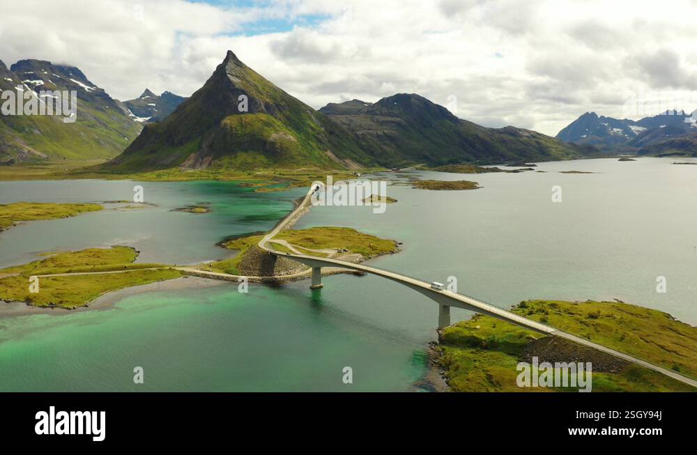 Drone shot from camper driving over bridge in Lofoten Norway with Stock ...