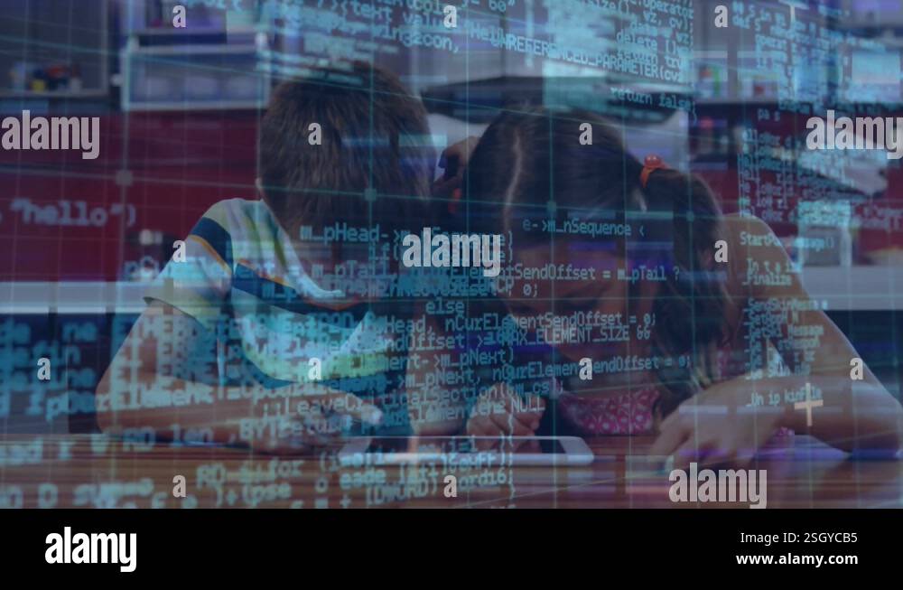 Animation of programming language, falling bars over diverse children ...