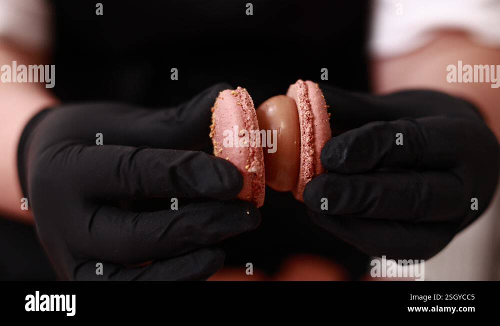 Process of making macarons macaroons, french dessert. chef hands in ...