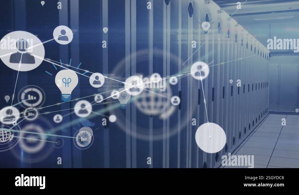 Animation of floating bulb icons with connected icons and lens flare ...