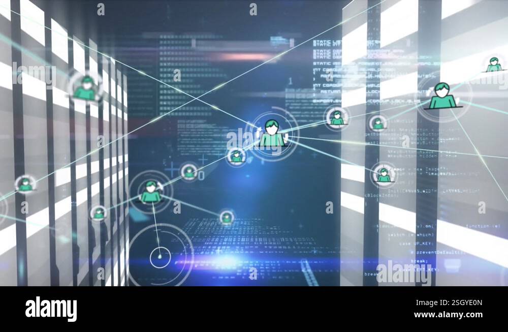 Animation of network of connections with icons over computer servers ...
