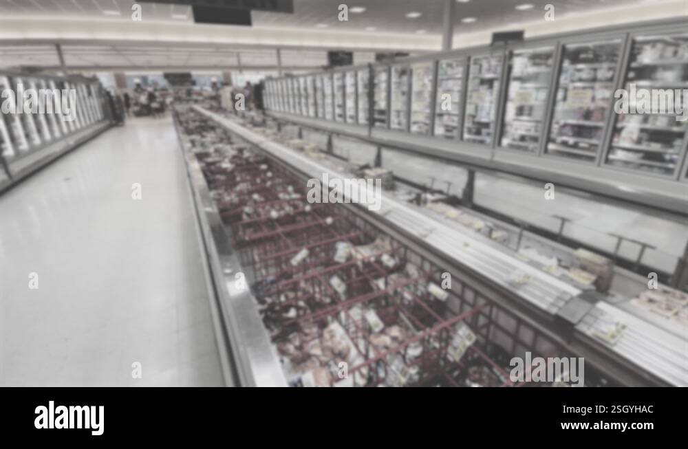 Tilt up old fashioned grocery store interior faded film blurred effect ...