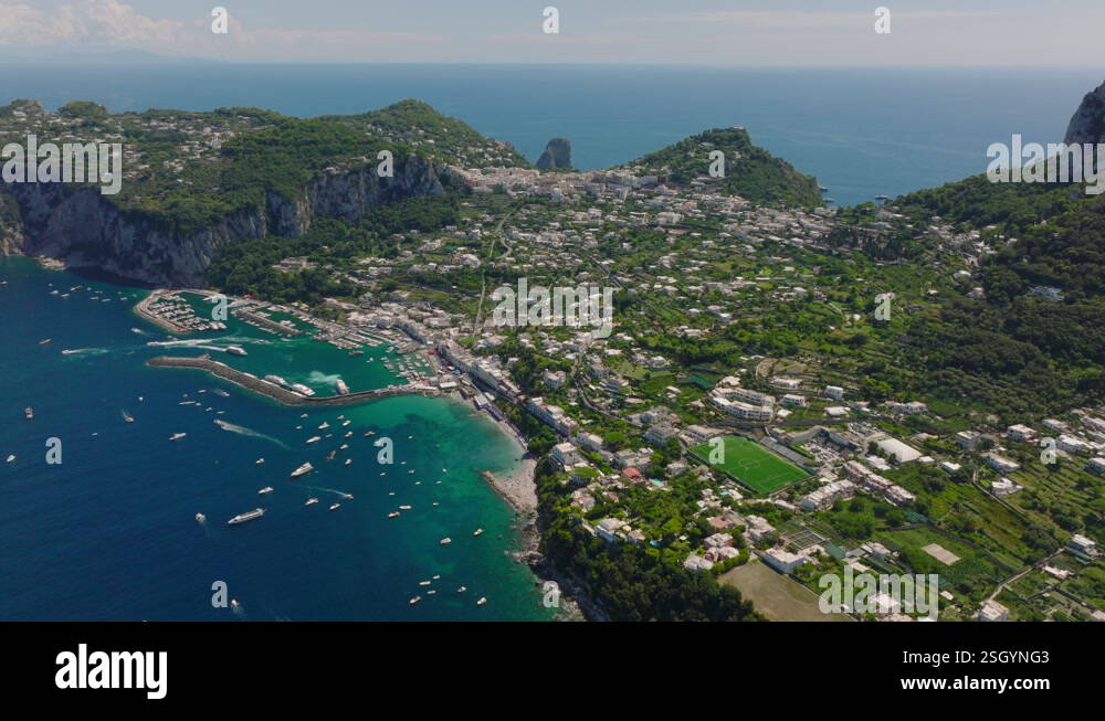 Aerial panoramic view of town with harbour. Famous travel destination ...