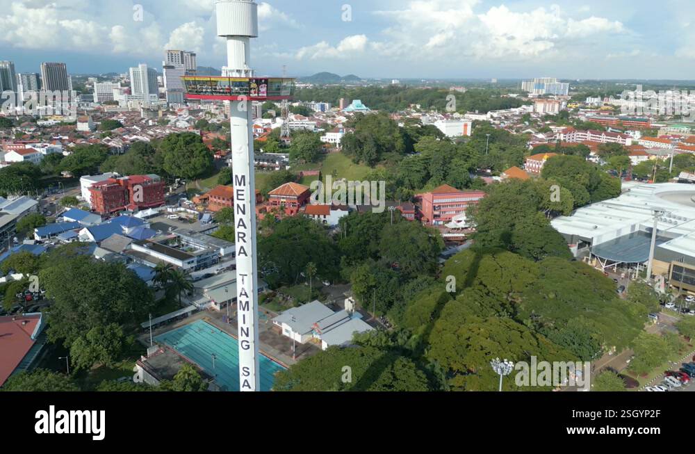 Taming Sari Tower in Malacca, Malaysia. Drone flying close by gyro ...
