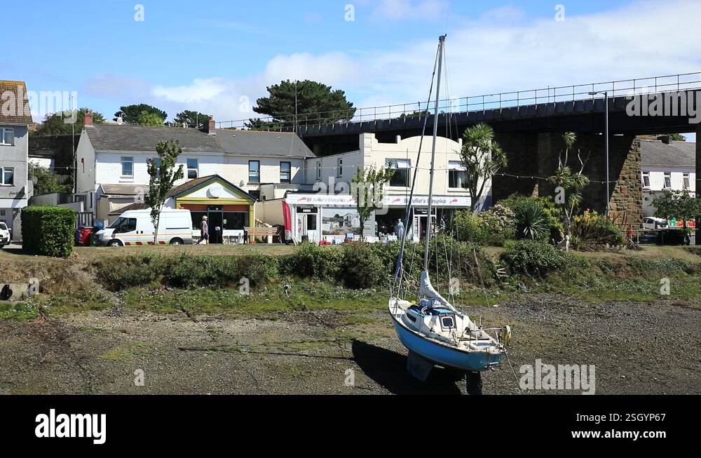 Fixed Shot Of Busy Street At Hayle Town And Estuary In Cornwall Stock ...