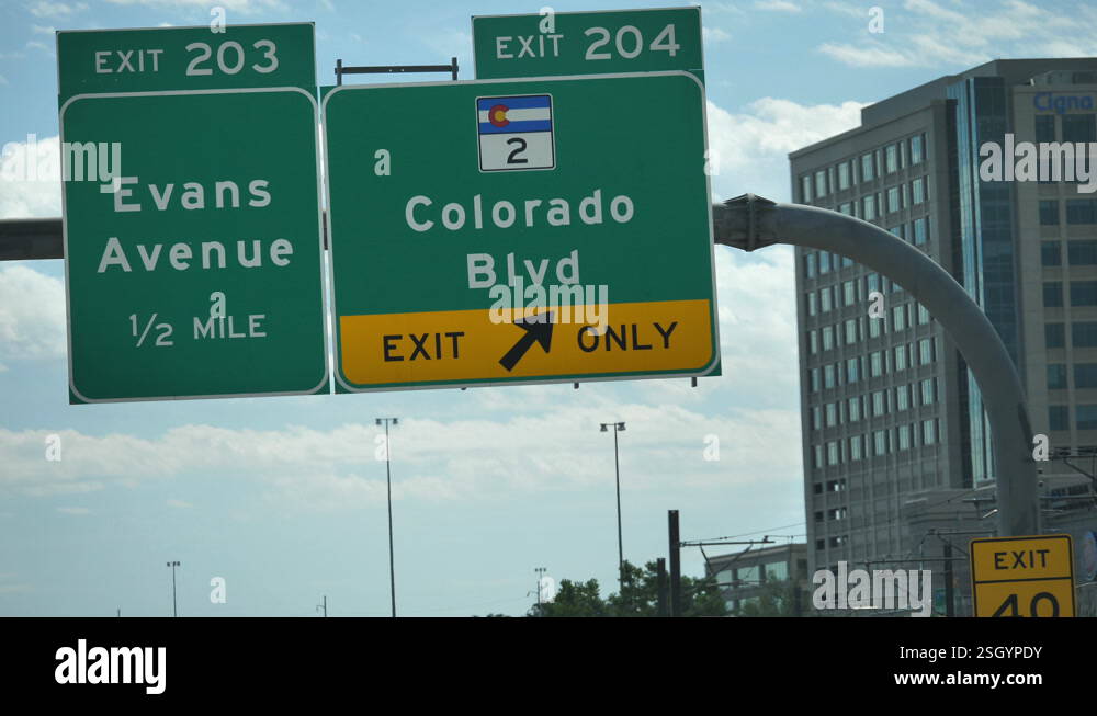 Evans Avenue and Colorado Boulevard Exit Signs on Interstate 25 Highway ...