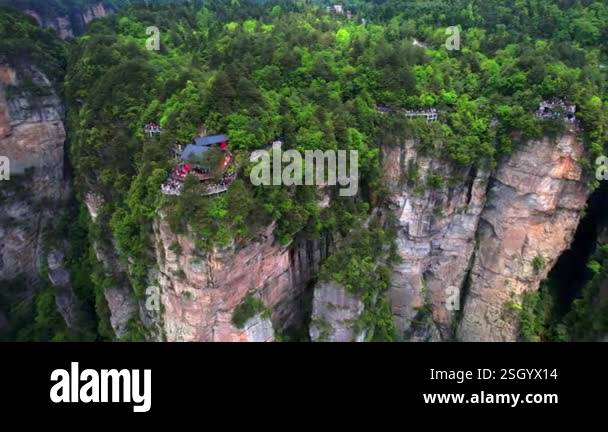 Aerial View of Tourists on a Clifftop Viewing Platform in Zhangjiajie ...